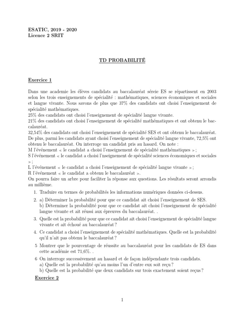 Probabilités et statistiques pour le bac ES | PDF | Probabilité ...