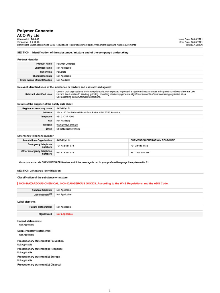 ACO Polymer Concrete Safety Data Sheet | PDF | Safety | Occupational ...