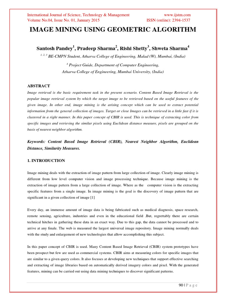 Image Mining Using Geometric Algorithm: Santosh Pandey, Pradeep Sharma, Rishi Shetty, Shweta ...