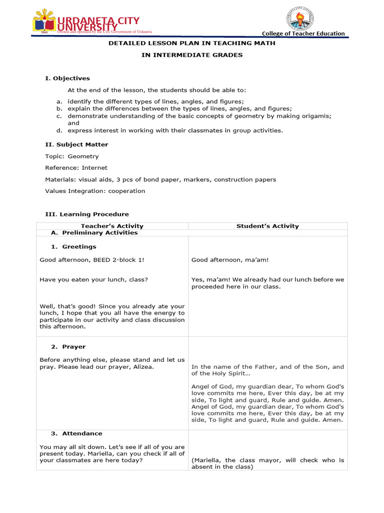 GEOMETRY Lesson Plan | PDF | Line (Geometry) | Shape