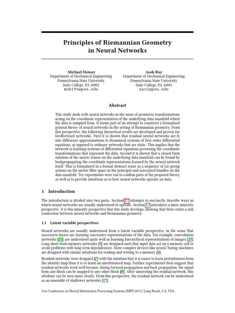 NIPS 2017 Principles of Riemannian Geometry in Neural Networks Paper | PDF | Euclidean Space ...