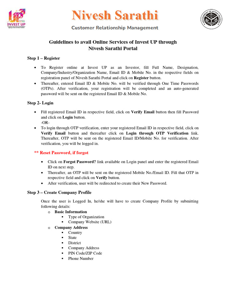 Nivesh Sarathi Portal User Guide | PDF | Password | Login