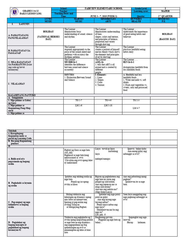 DLL - Mapeh 1 - Q1 - W1 | PDF