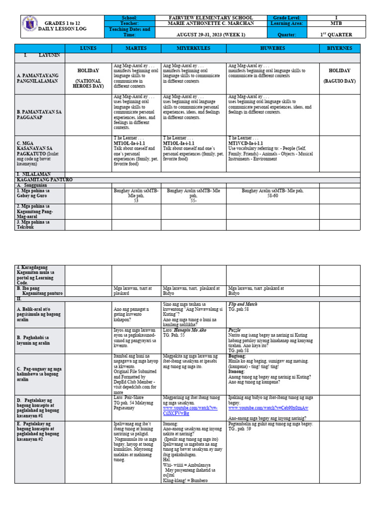 DLL - MTB 1 - Q1 - W1 | PDF