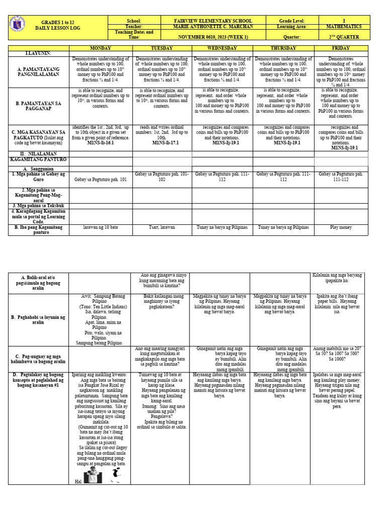Math 1 Q2 Week 1 Lesson Plan | PDF | Mathematics | Numbers