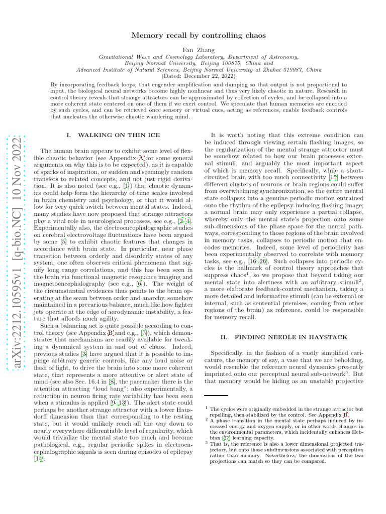 Memory Recall by Controlling Chaos | PDF | Chaos Theory | Attractor