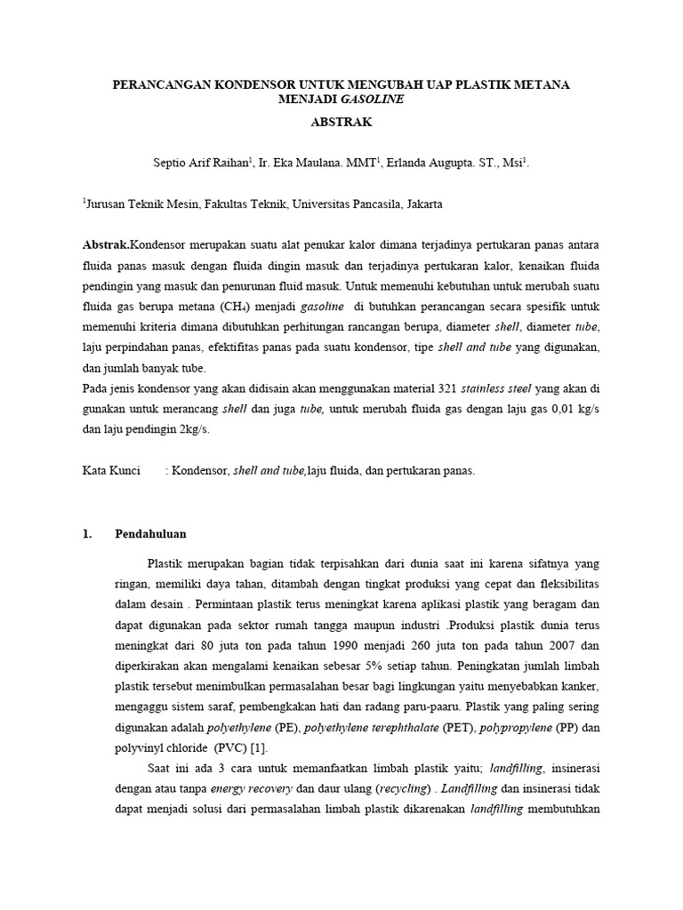 Perancangan Kondensor Untuk Mengubah Uap Plastik Metana Menjadi ...