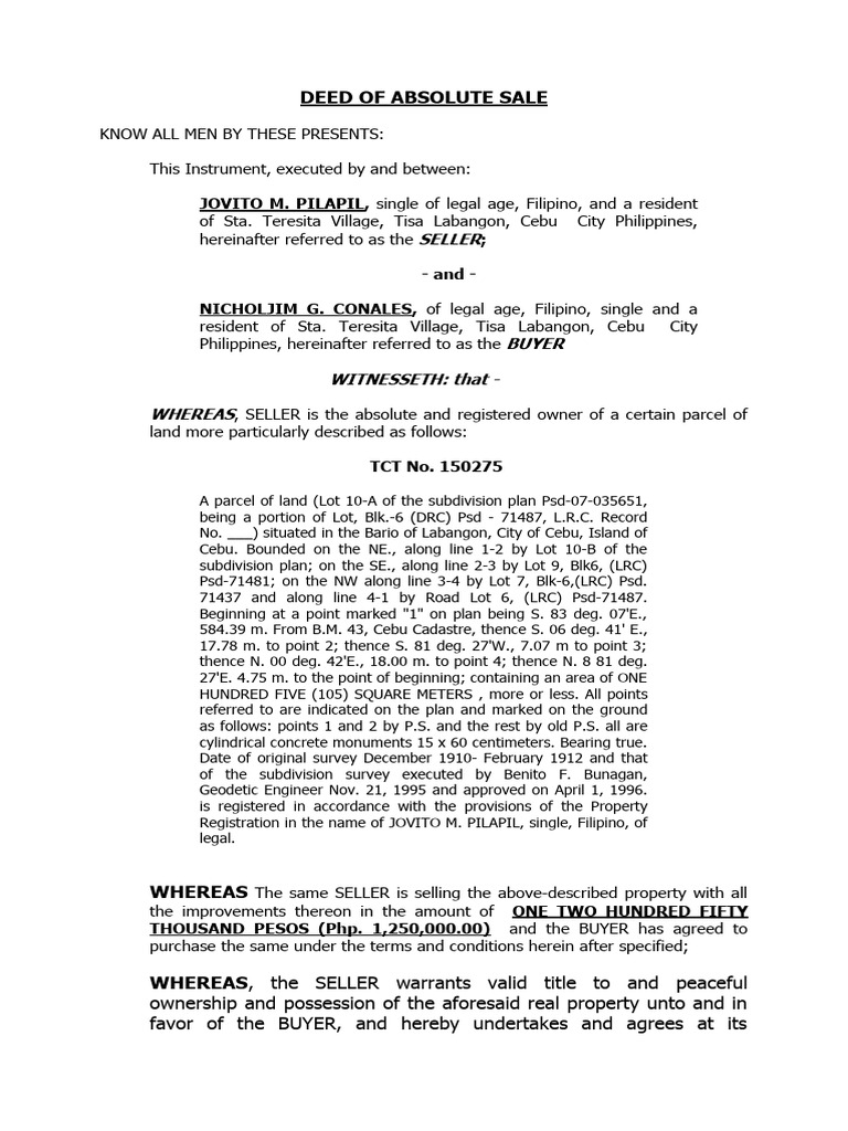 Deed of Absolute Sale in Cebu City | PDF | Sales | Justice