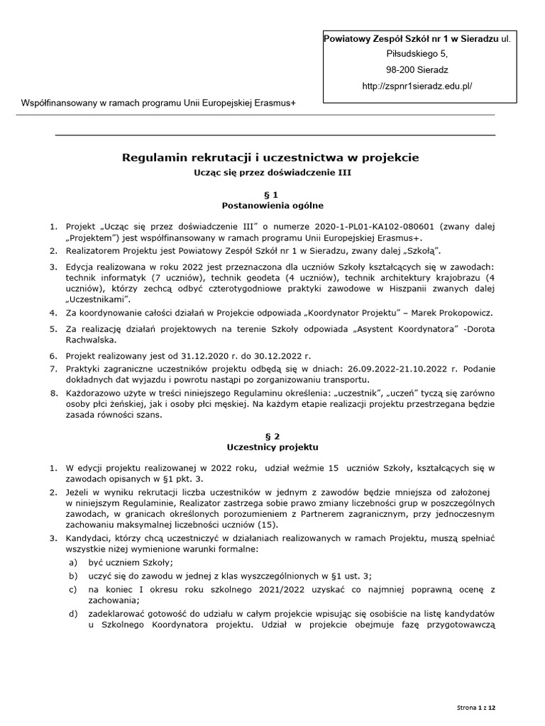 Regulamin Rekrutacji I Uczestnictwa Sieradz NR 1 Poprawiony 2022 | PDF