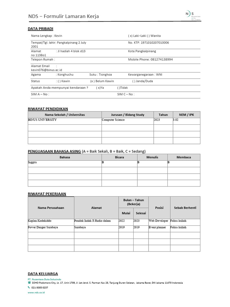 NDS Form Kevin | PDF