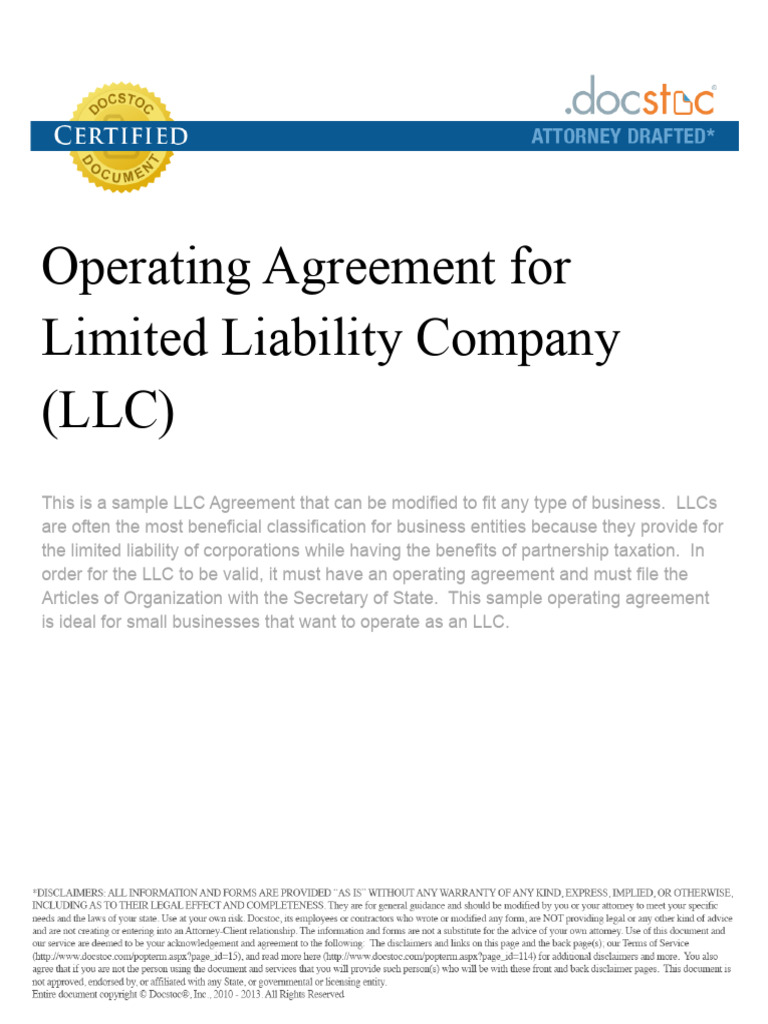 Operating Agreement For LLC | PDF | Limited Liability Company | Lawyer