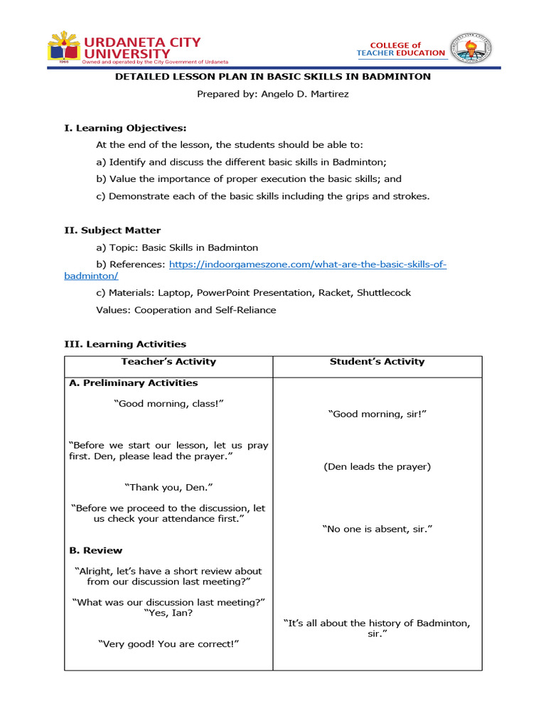 Basic Skills Lesson Plan for Badminton | PDF | Sports | Athletic Sports