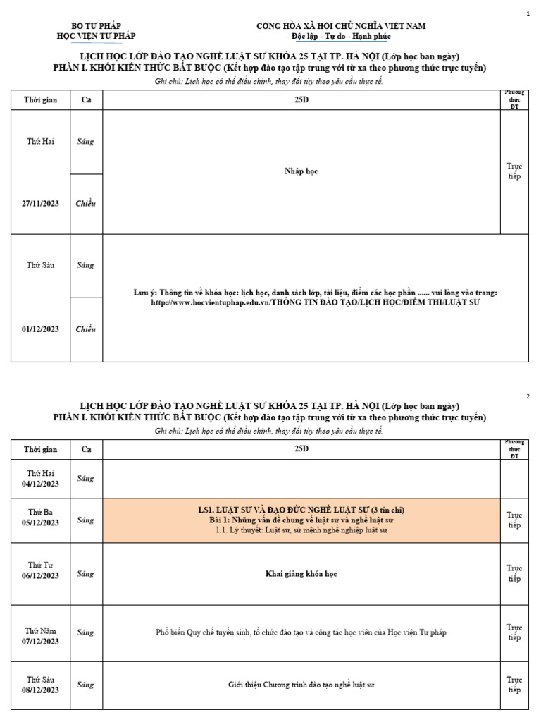 Lich Lop Ngay LS K25 Phan I Nam 2023 Tai Ha Noi | PDF