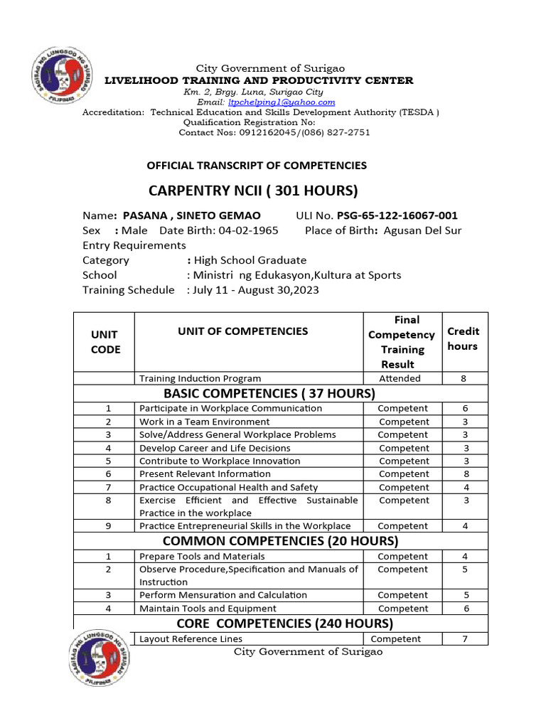Official Carpentry Competency Transcript | PDF | Carpentry