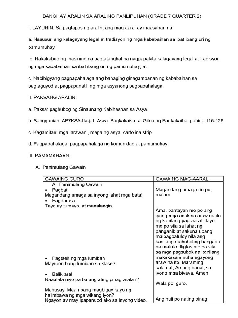 Banghay Aralin Sa Araling Panlipunan 7 | PDF