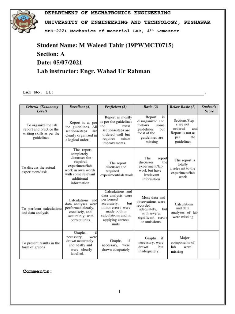Lab Report 11 (19PWMCT0715) M Waleed Tahir | PDF | Deformation ...