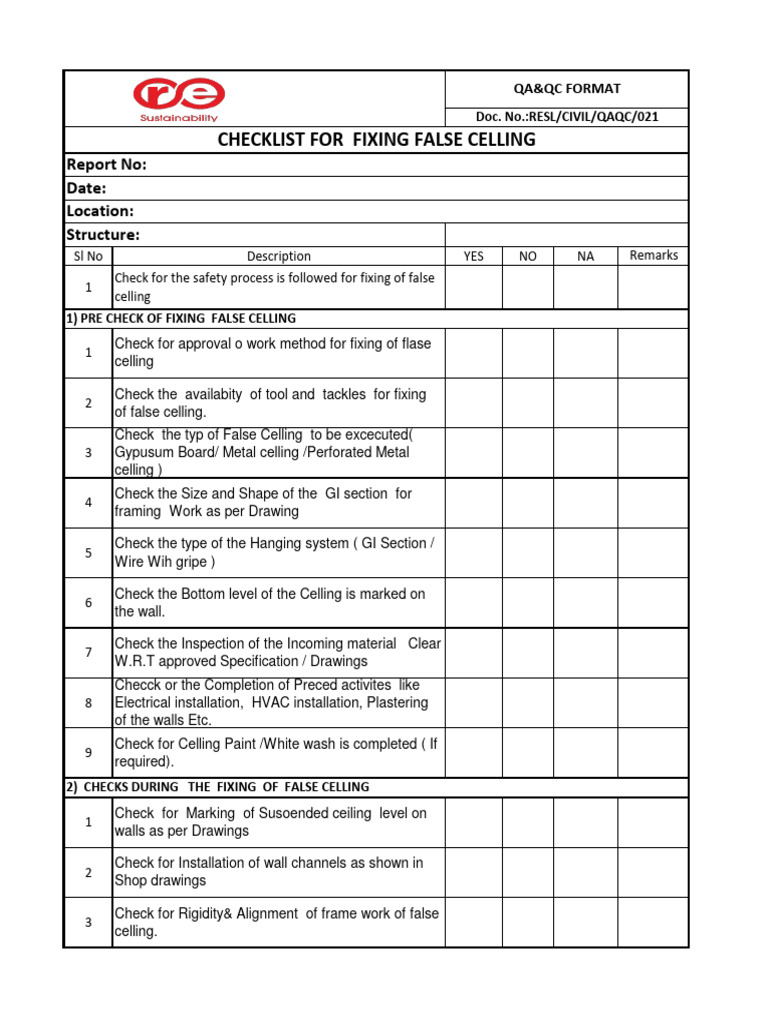 Check List For False Ceiling PDF | PDF