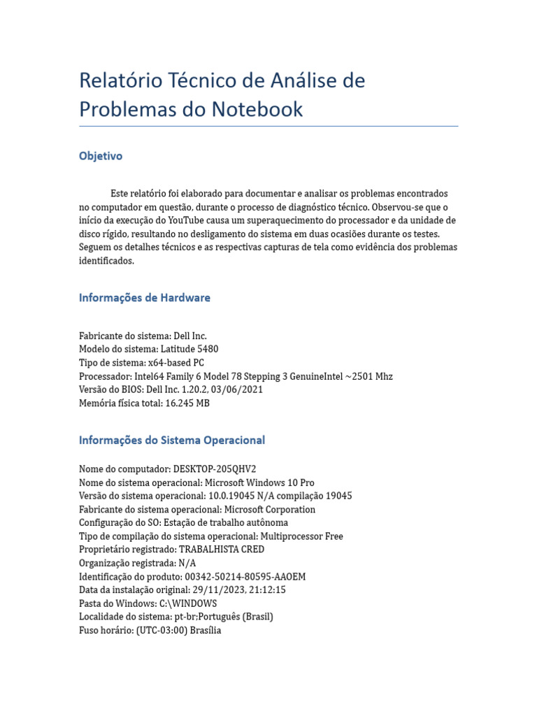 Relatorio Tecnico Analise Problemas Computador Atualizado | PDF | Drive de disco rígido | Disco ...
