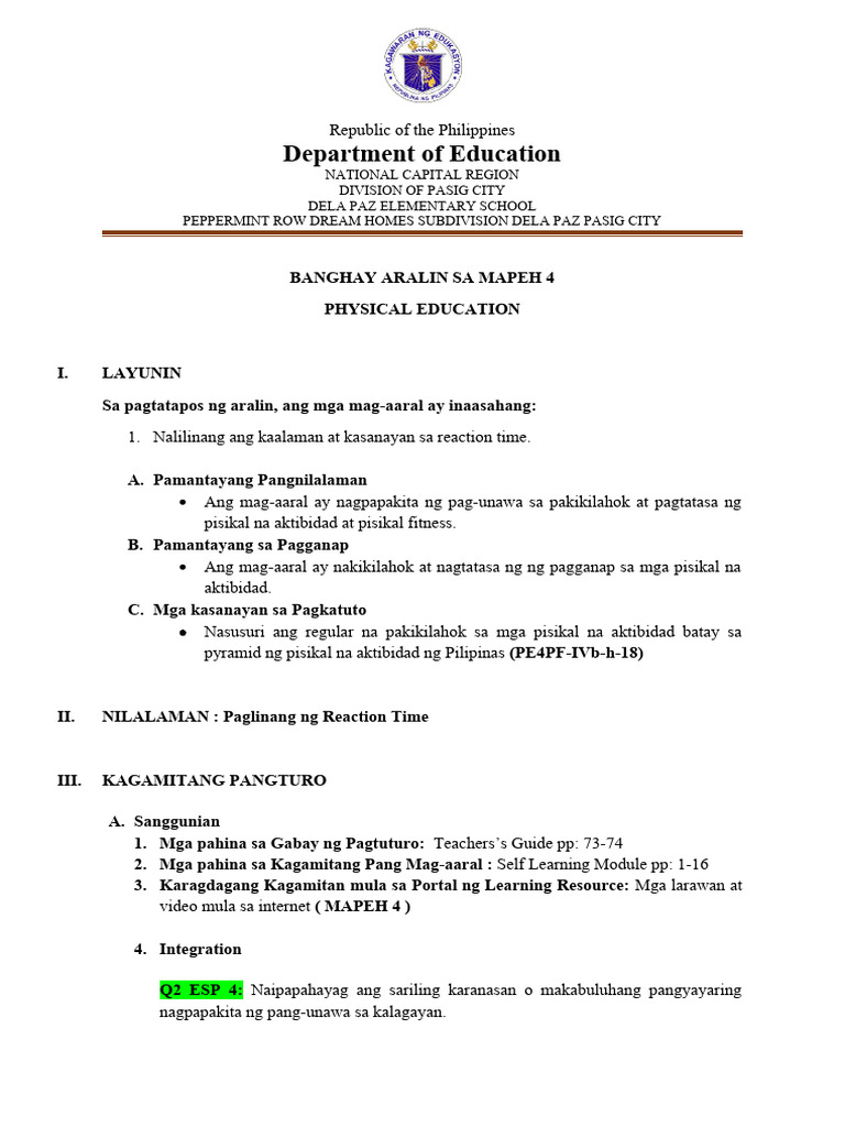 Lesson Plan in Mapeh 4 1 | PDF