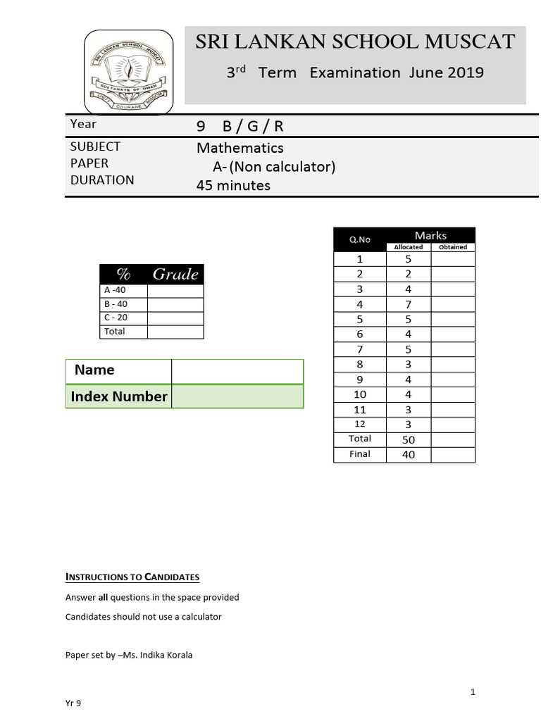 Year 9 2018 19 Maths Pdf Length Area
