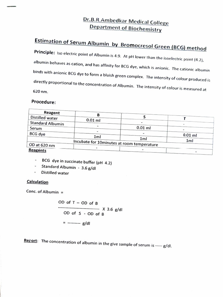 Serum Albumin BCG Method MBBS | PDF | Biochemistry | Chemistry