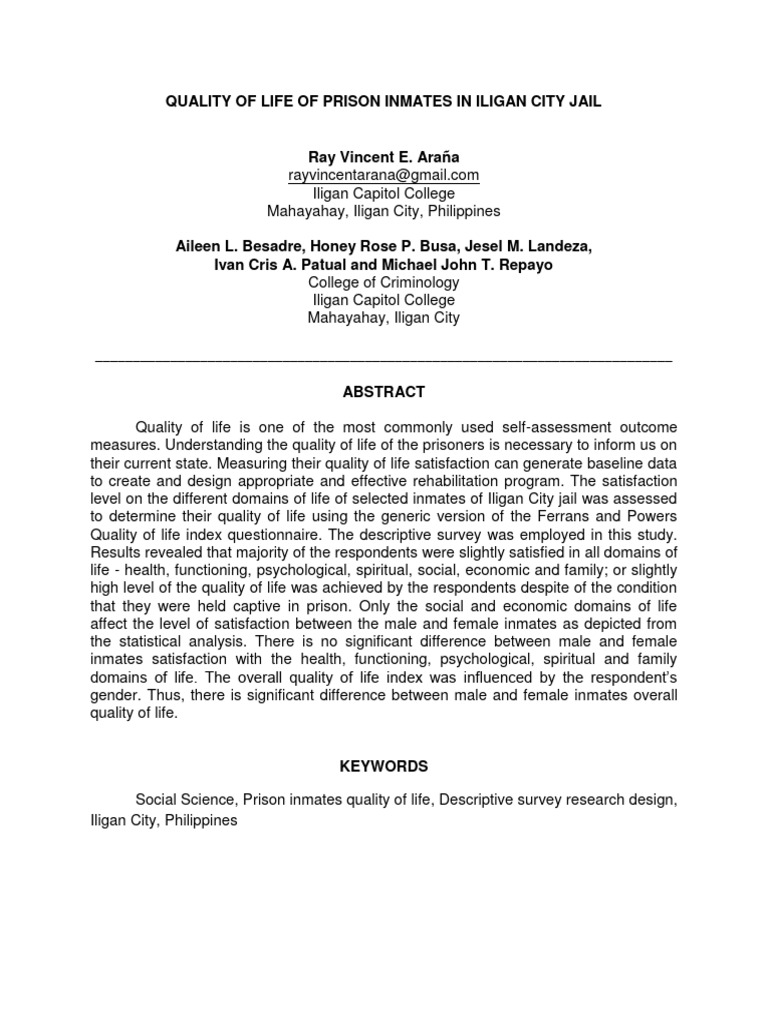 Inmate Quality of Life in Iligan Jail | PDF | Prisoner | Student's T Test
