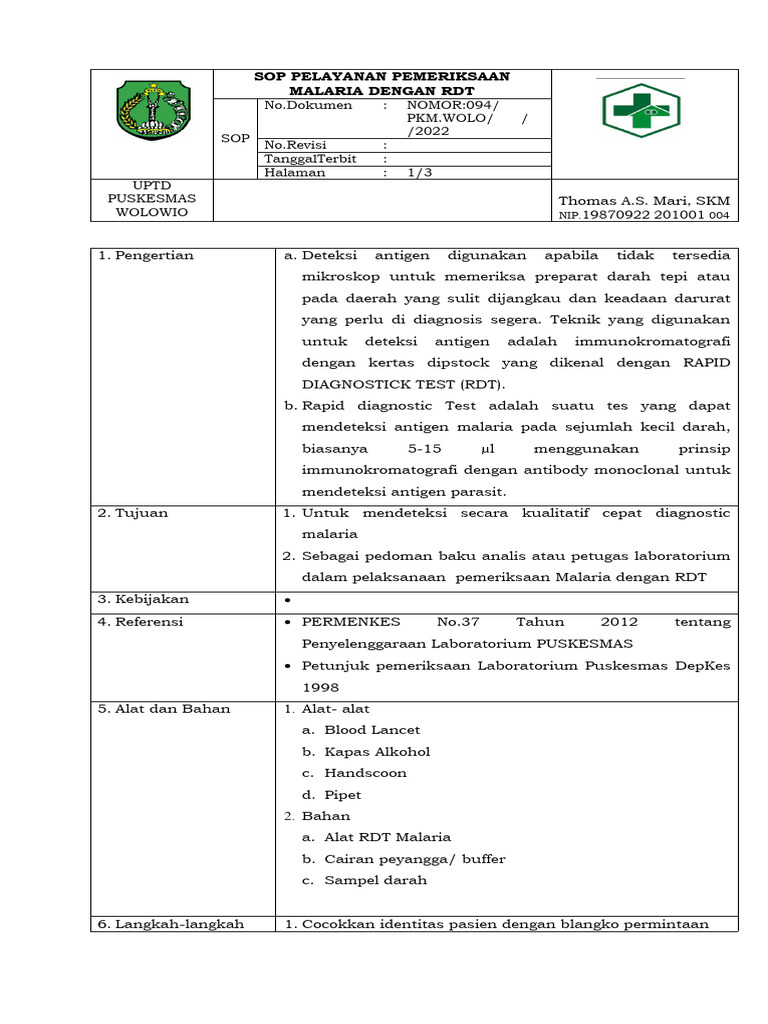 Sop Malaria RDT | PDF