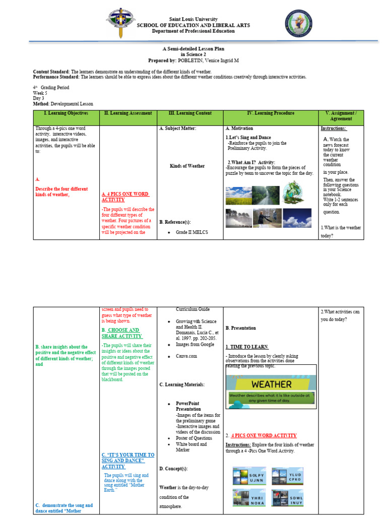Lesson Plan in Science Grade 3 Week 4 | PDF | Learning | Weather