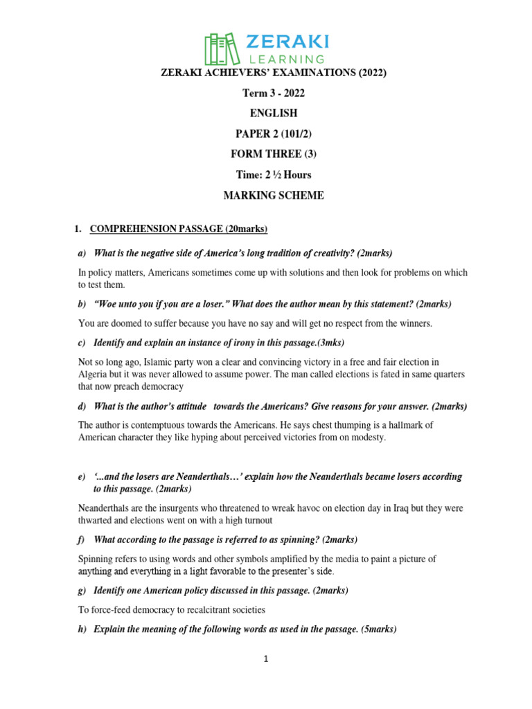 English Form 3 Paper 2 - Marking Scheme | PDF