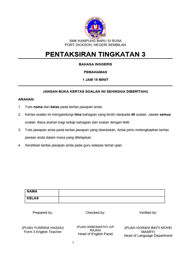 Pentaksiran Tingkatan 3 Bahasa Inggeris Pemahaman 1 Jam 15 Minit PDF