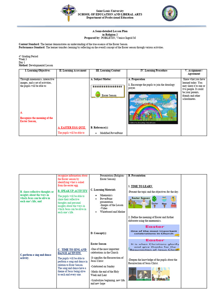 Religion Lesson Plan Grade 2 | PDF | Learning | Easter