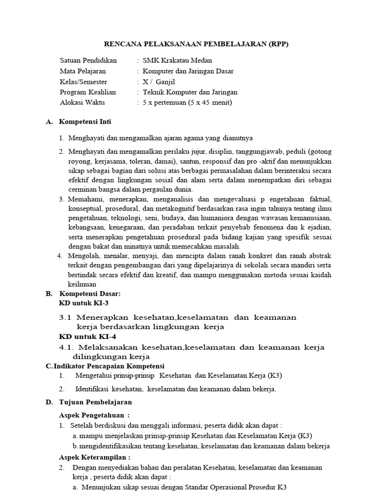 RPP K3 SMK Krakatau Medan Kelas X | PDF | Karier & Perkembangan | Sains & Matematika
