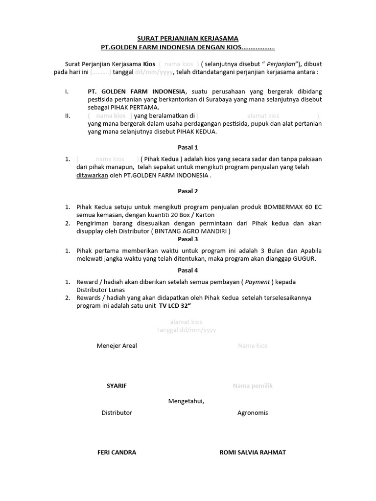 Perjanjian Kerjasama Kios | PDF