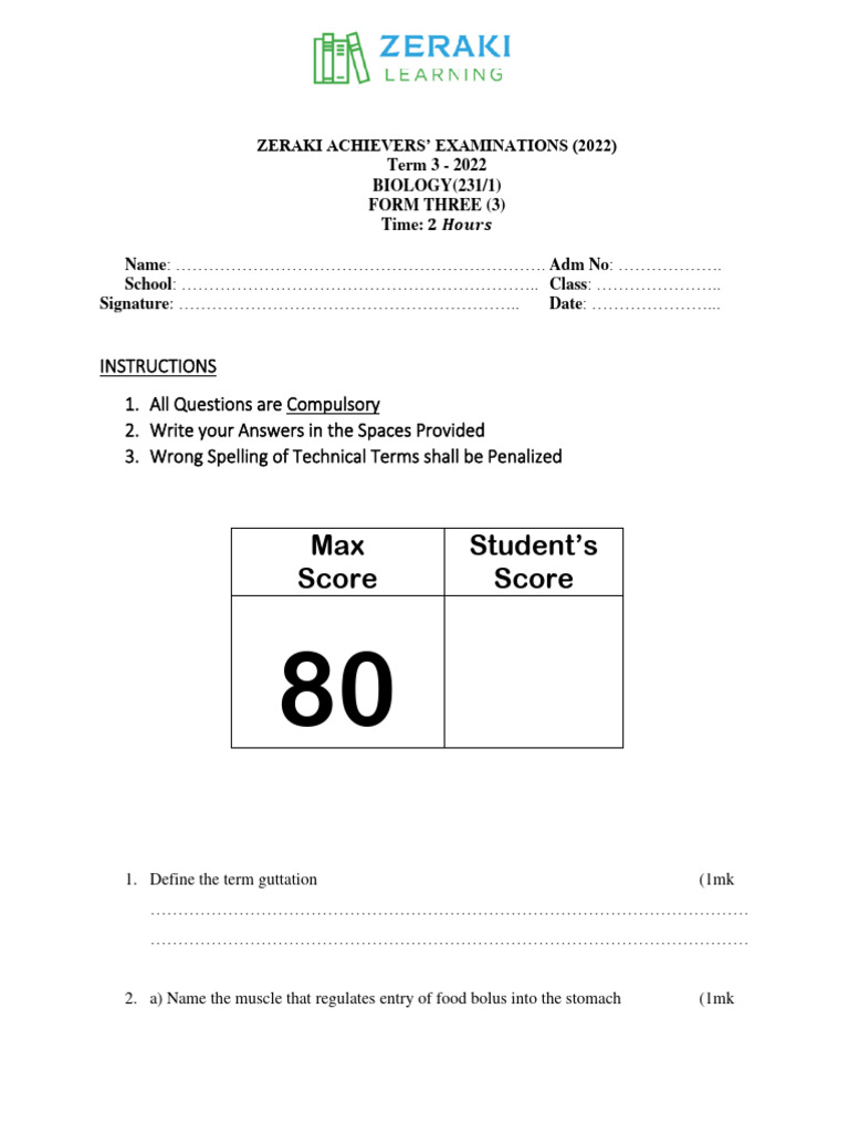 BIOLOGY PP1 FORM 3 - Question Paper | PDF | Petal | Biology