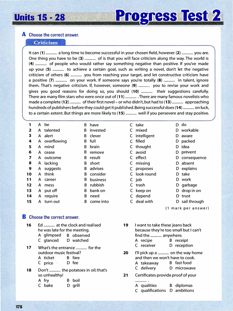 Progress test 15-28 - Destination B2. Grammar | PDF