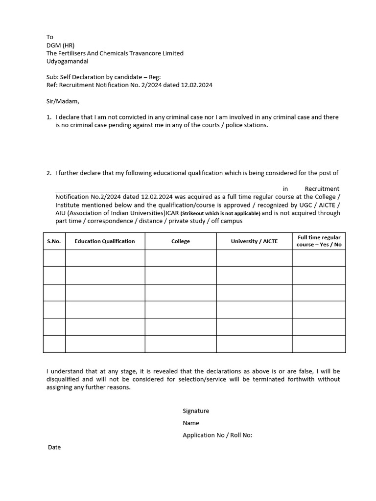 Candidate Self-Declaration for Recruitment | PDF | Law