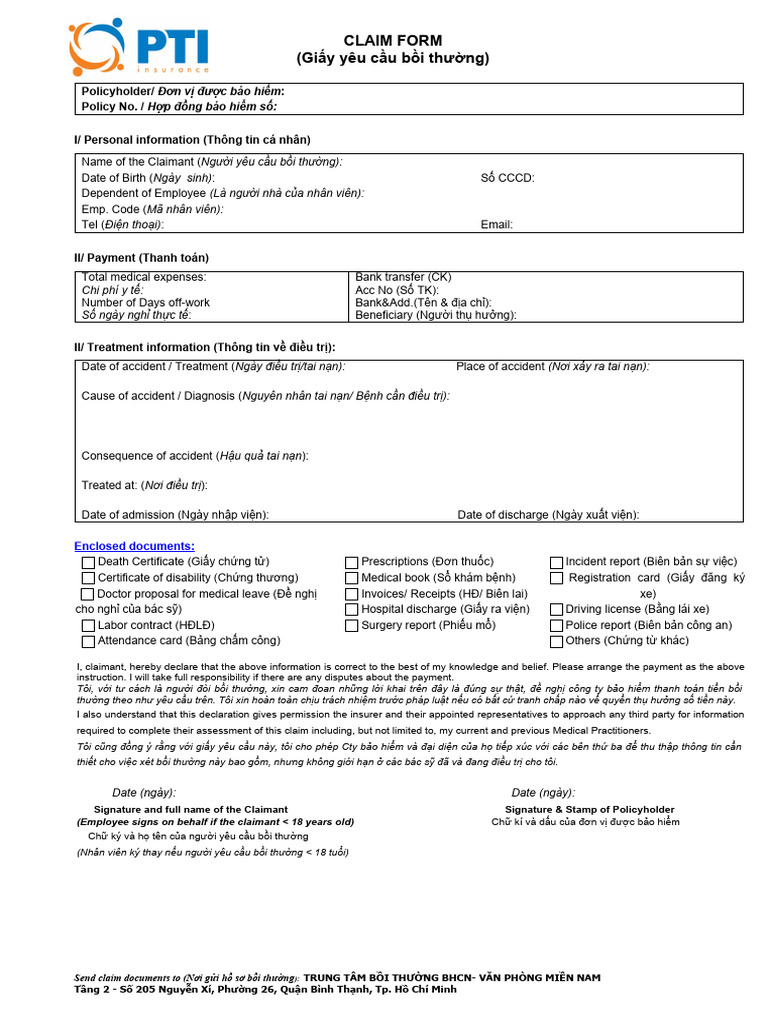 CLAIM FORM PTI (Yêu Cầu Bồi Thường) | PDF