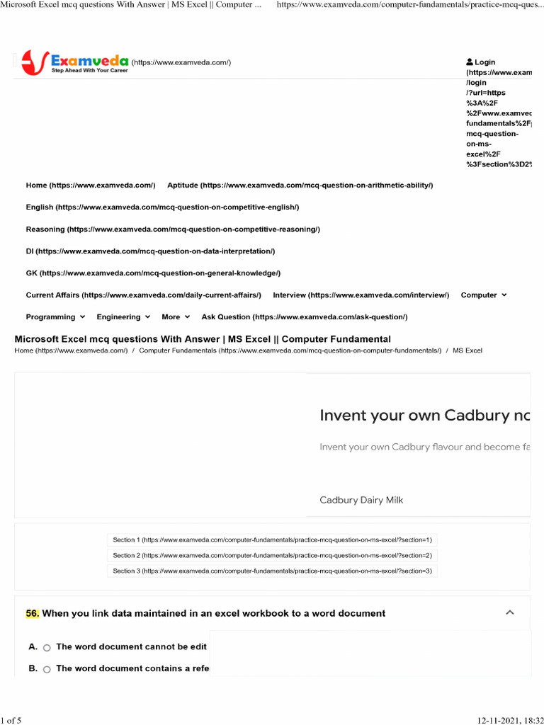 Microsoft Excel MCQ Questions With Answer - MS Excel - Computer ...