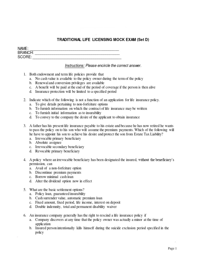 Traditional Life Licensing Mock Exam | PDF | Insurance | Life Insurance