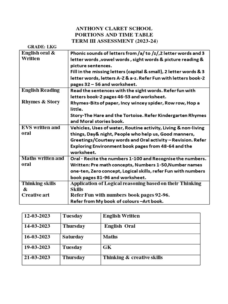 LKG Portions and Time Table For 3rd Assessment 2023-24 | PDF