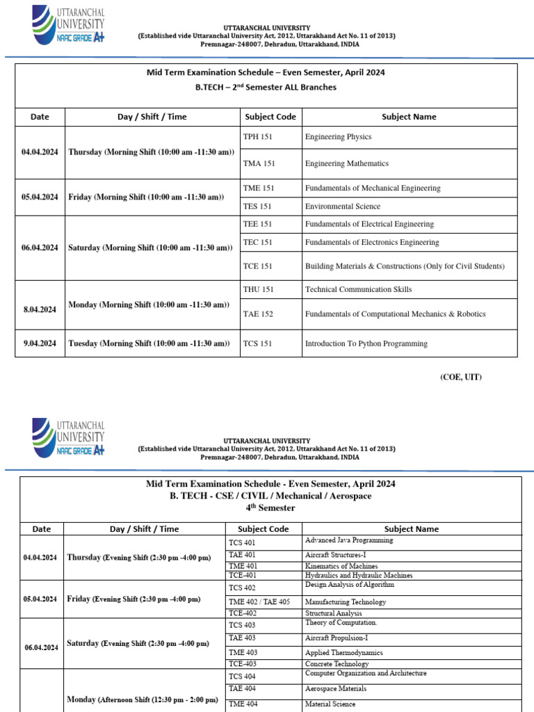 Final Schedule (Mid Term Examination April 2024) | PDF | Engineering ...
