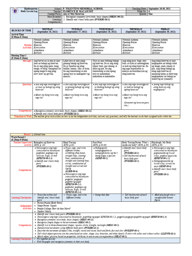 Kindergarten-DLL-MELC-Q1-Week 6 Asf | PDF