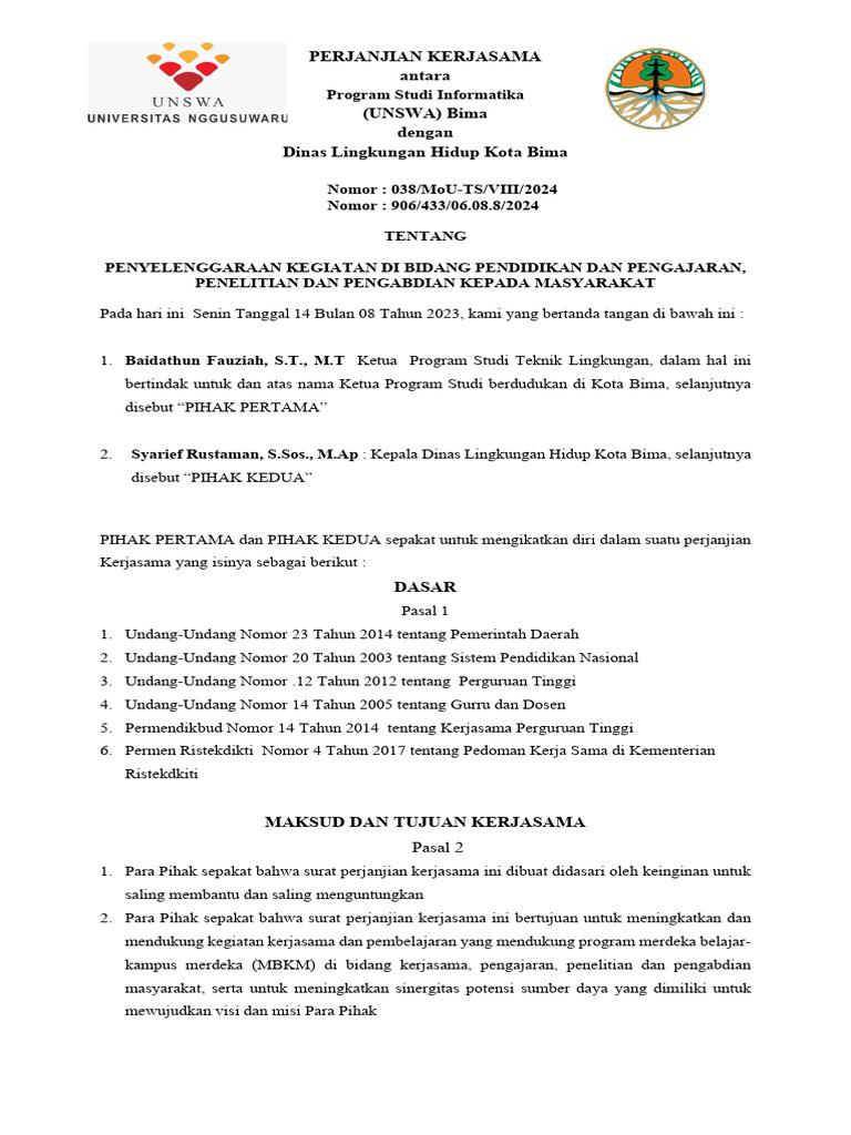 Perjanjian Kerjasama Prodi Lingkungan Dan DLH Kota Bima | PDF