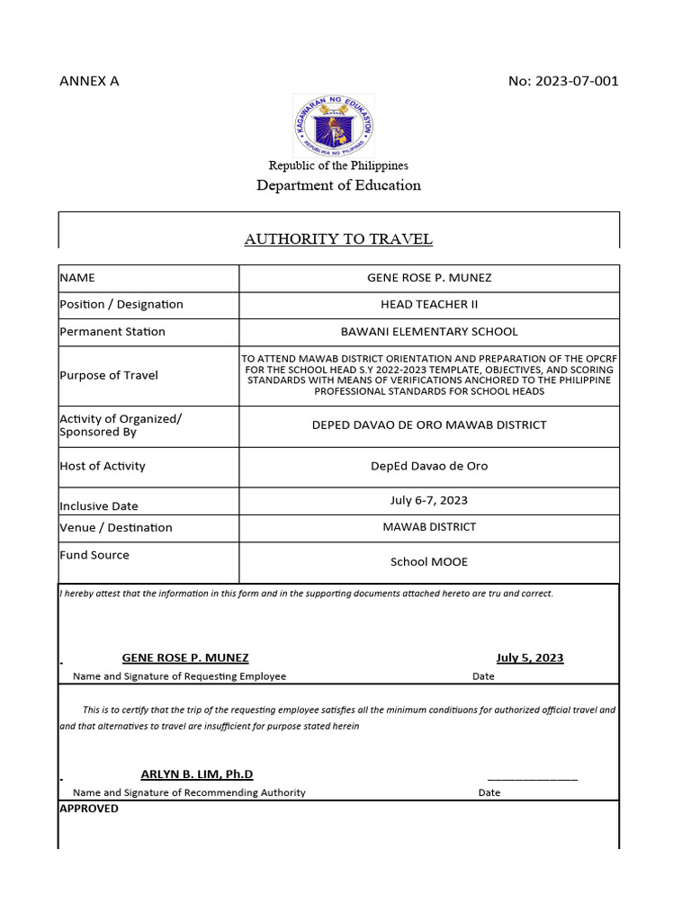 Authority to Travel for DepEd Events | PDF | Government | Philippines