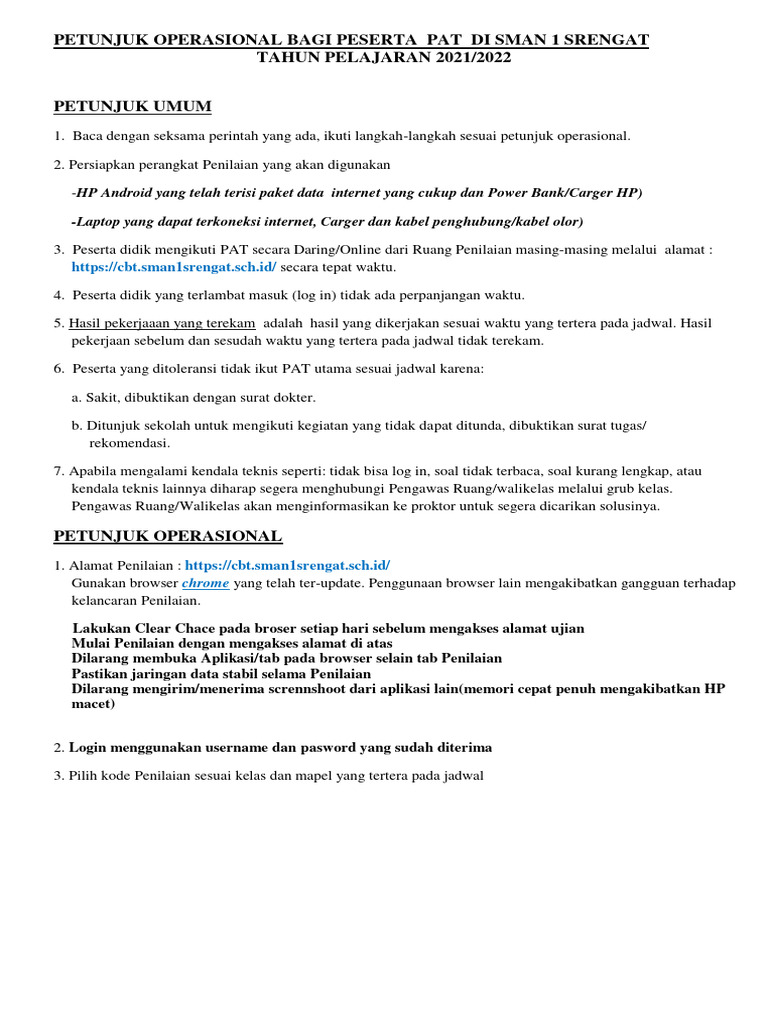 Jadwal, TATIB, Petunjuk PAT 2021 2022 | PDF