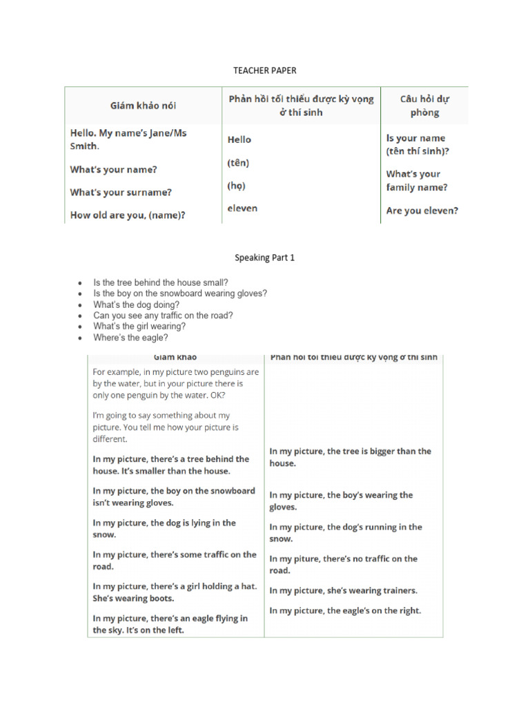 TEACHER PAPER Speaking Flyers Test 1 | PDF