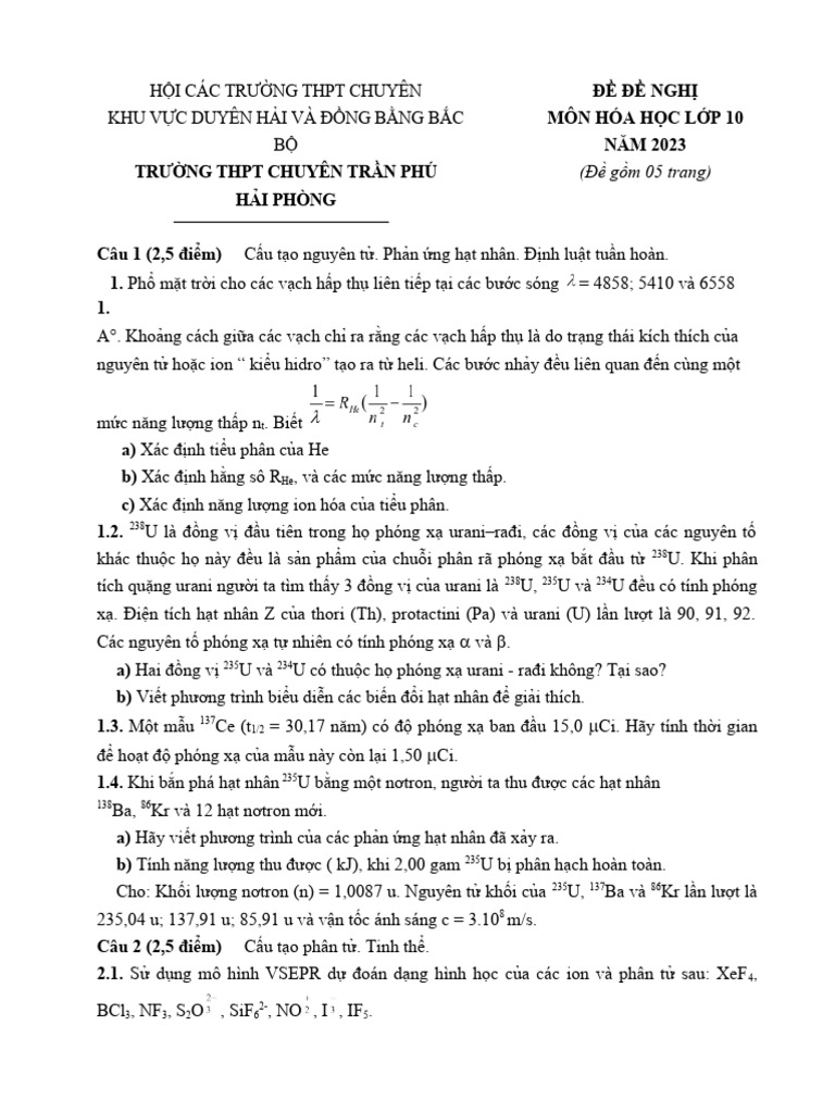 Đề đề nghị DHBB 2023-Hóa học 10 | PDF