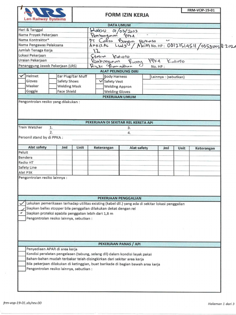 Form Izin Kerja Pembangunan Ruang PPKA Sta Kalioso | PDF