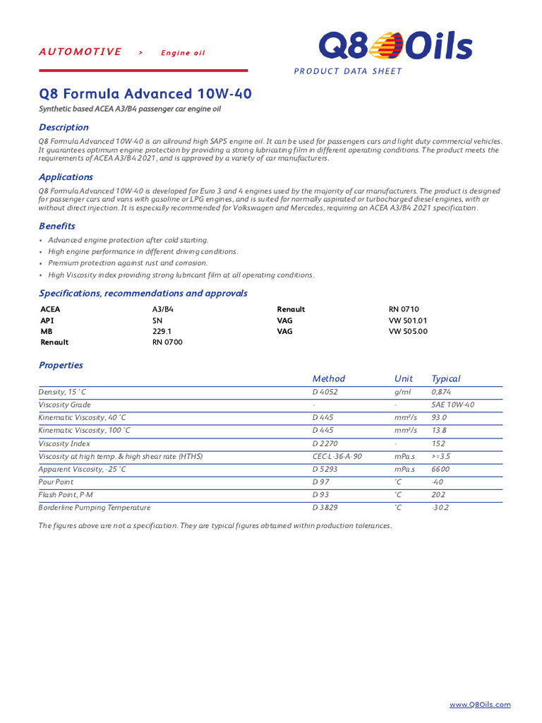 Q8 Formula Advanced 10W 40 en 2 | Download Free PDF | Motor Oil | Vehicles
