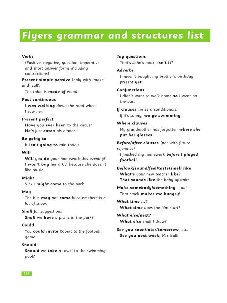Flyers Grammar Structures Overview | PDF | Language Mechanics | Linguistics